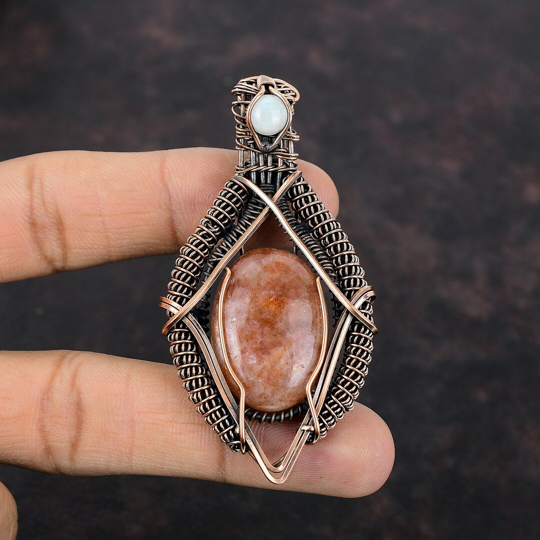 Sunstone Gemstone Copper Pendant Wire Wrapped Pendant Rainbow Moonstone ...