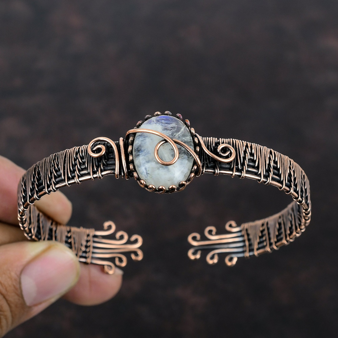Rainbow Moonstone Cuff Bracelet Copper Wire Wrapped Bangle Rainbow ...
