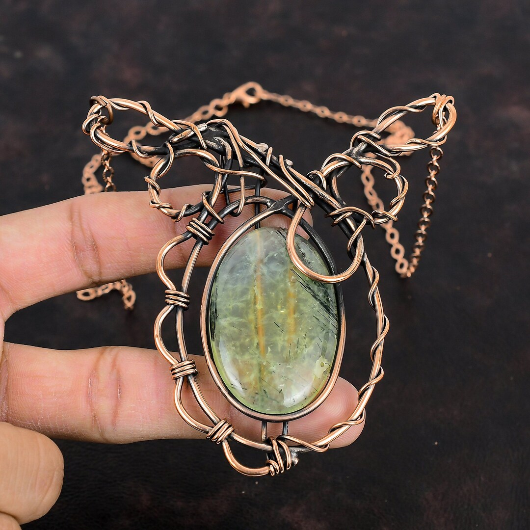Moss Prehnite Necklace Copper Wire Wrapped Adjustable Chain Necklace ...