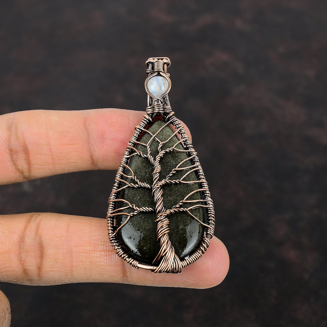 Tree of Life Silver Sheen Obsidian Pendant Copper Wire Wrapped Pendant ...