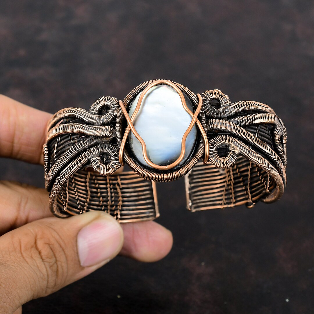 Mother of Pearl Bangle Copper Wire Wrapped Cuff Bracelet Gemstone ...