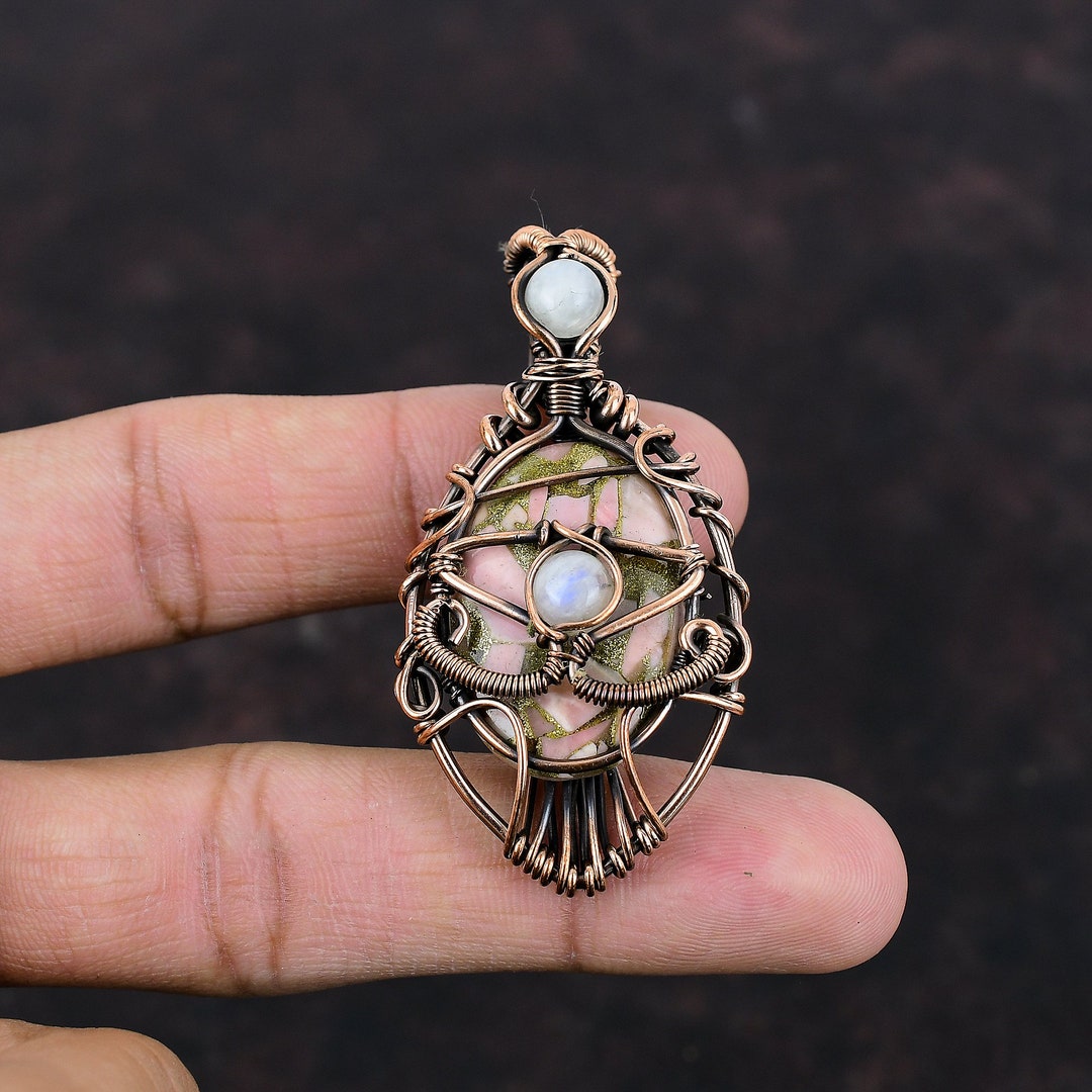 Evil Eye Copper Pink Opal Pendant Copper Wire Wrapped Pendant Moonstone ...
