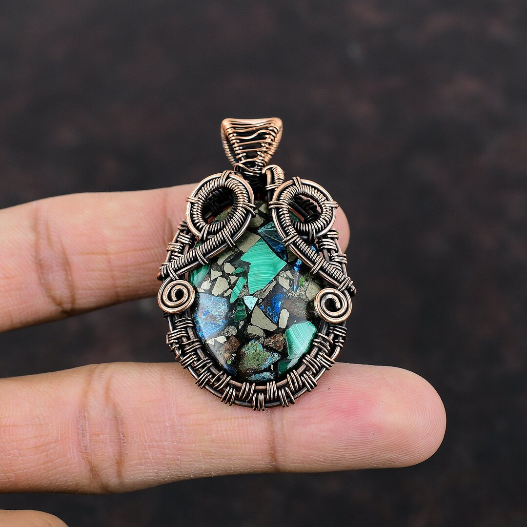 Copper Azurite Malachite Pendant Copper Wire Wrapped Gemstone Pendant ...