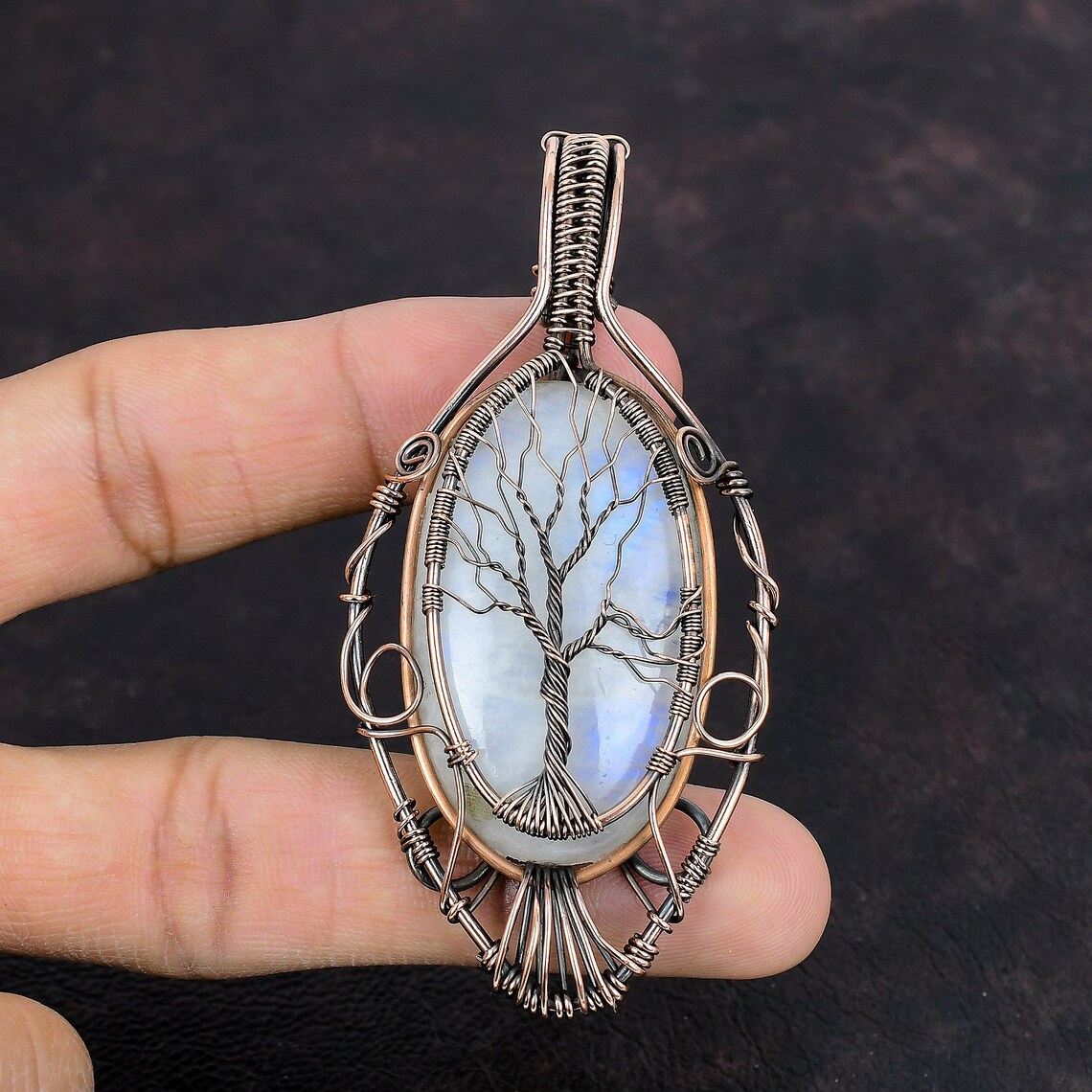 Tree of Life Rainbow Moonstone Pendant Copper Wire Wrapped Gemstone ...