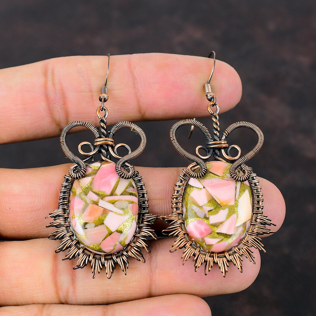 Copper Pink Opal Earring Copper Wire Wrapped Earring Pink Opal Jewelry ...