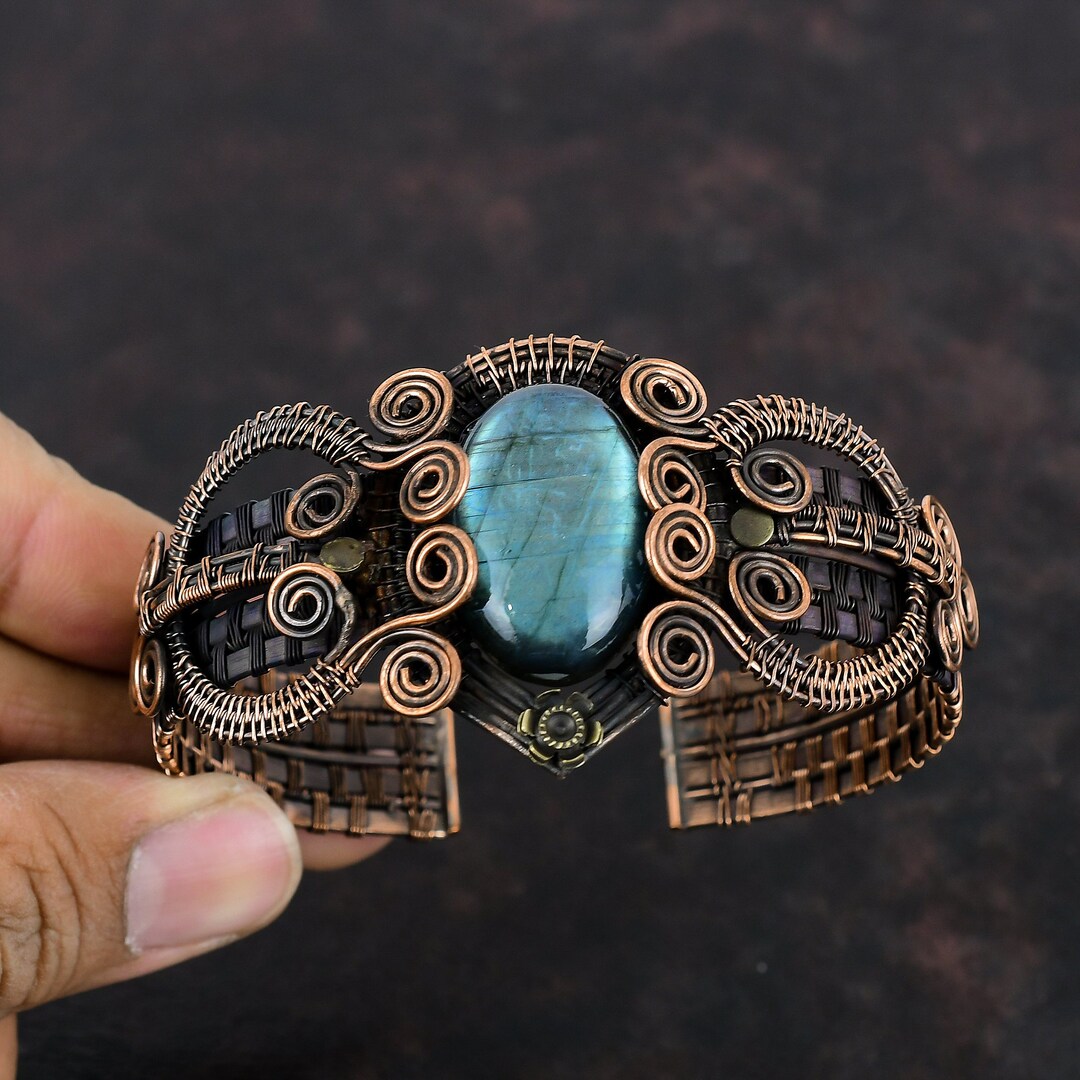 Labradorite Cuff Bracelet Copper Wire Wrapped Bangle Labradorite ...