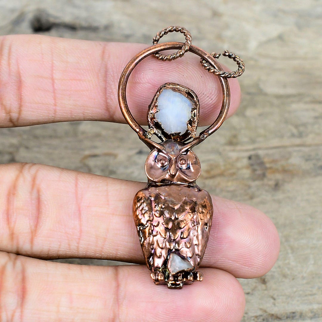Electroformed Copper Owl Pendant: Rainbow Moonstone, Handmade Jewelry ...