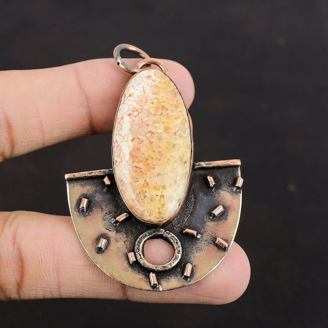 Fossil Coral Copper Pendant Natural Gemstone Pendant Handmade Jewelry ...