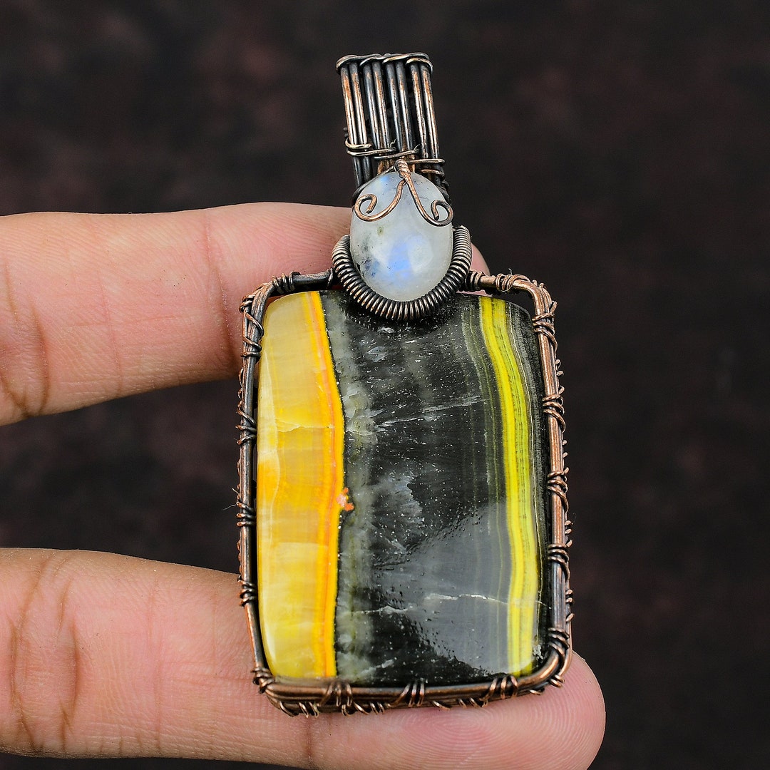 Bumble Bee Jasper Pendant Rainbow Moonstone Pendant Copper Wire Wrapped ...