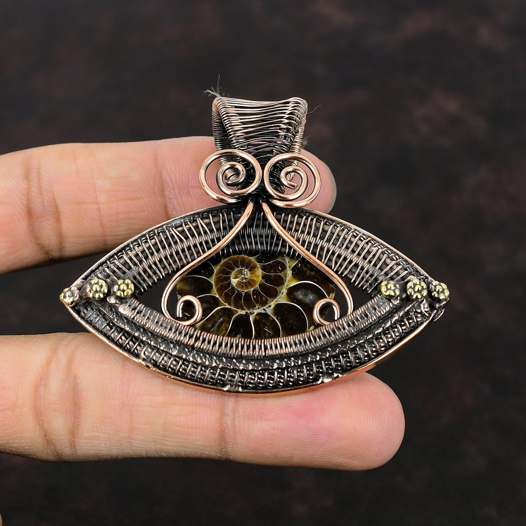 Ammonite Fossil Pendant Copper Wire Wrapped Pendant Evil Eye Gemstone ...