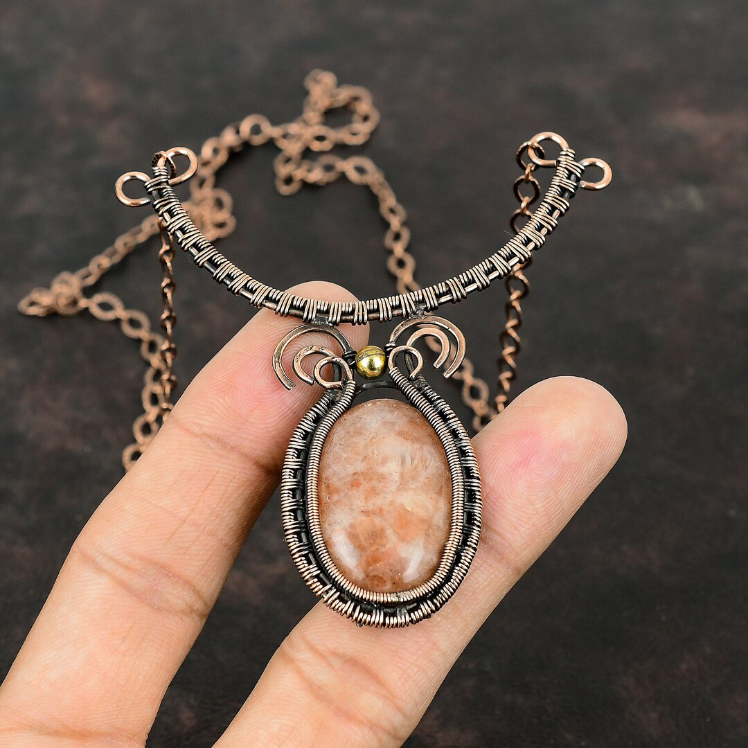 Sunstone Necklace Copper Wire Wrapped Gemstone Necklace Handmade Brand ...