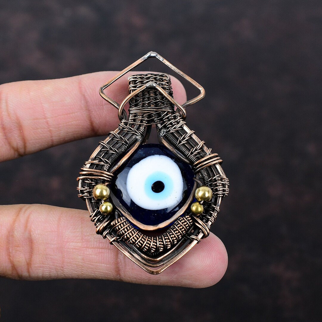 Blue Color Evil Eye Pendant Copper Wire Wrapped Gemstone Pendant Evil ...