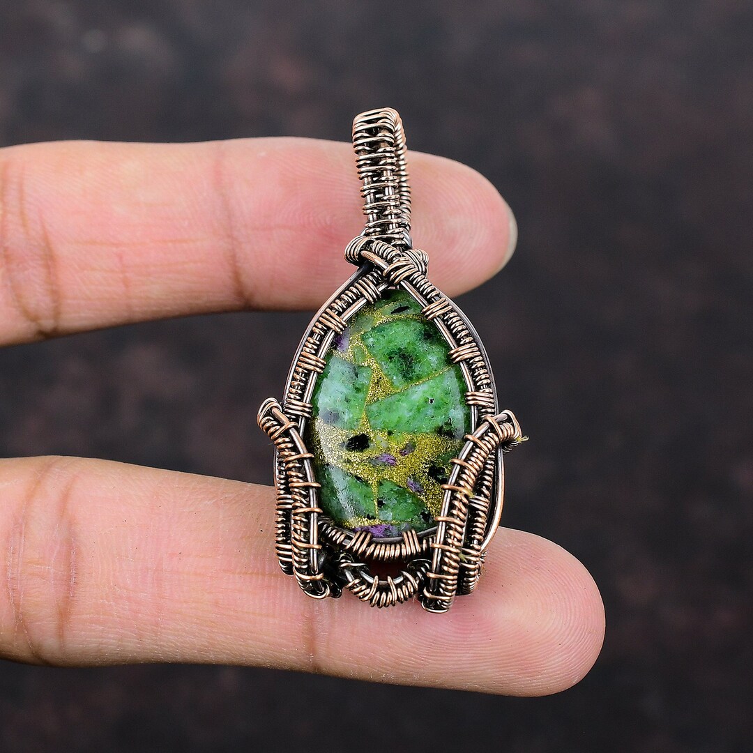 Copper Ruby Zoisite Pendant Copper Wire Wrapped Jewelry Handmade Gemstone Pendant Ruby Zoisite ...