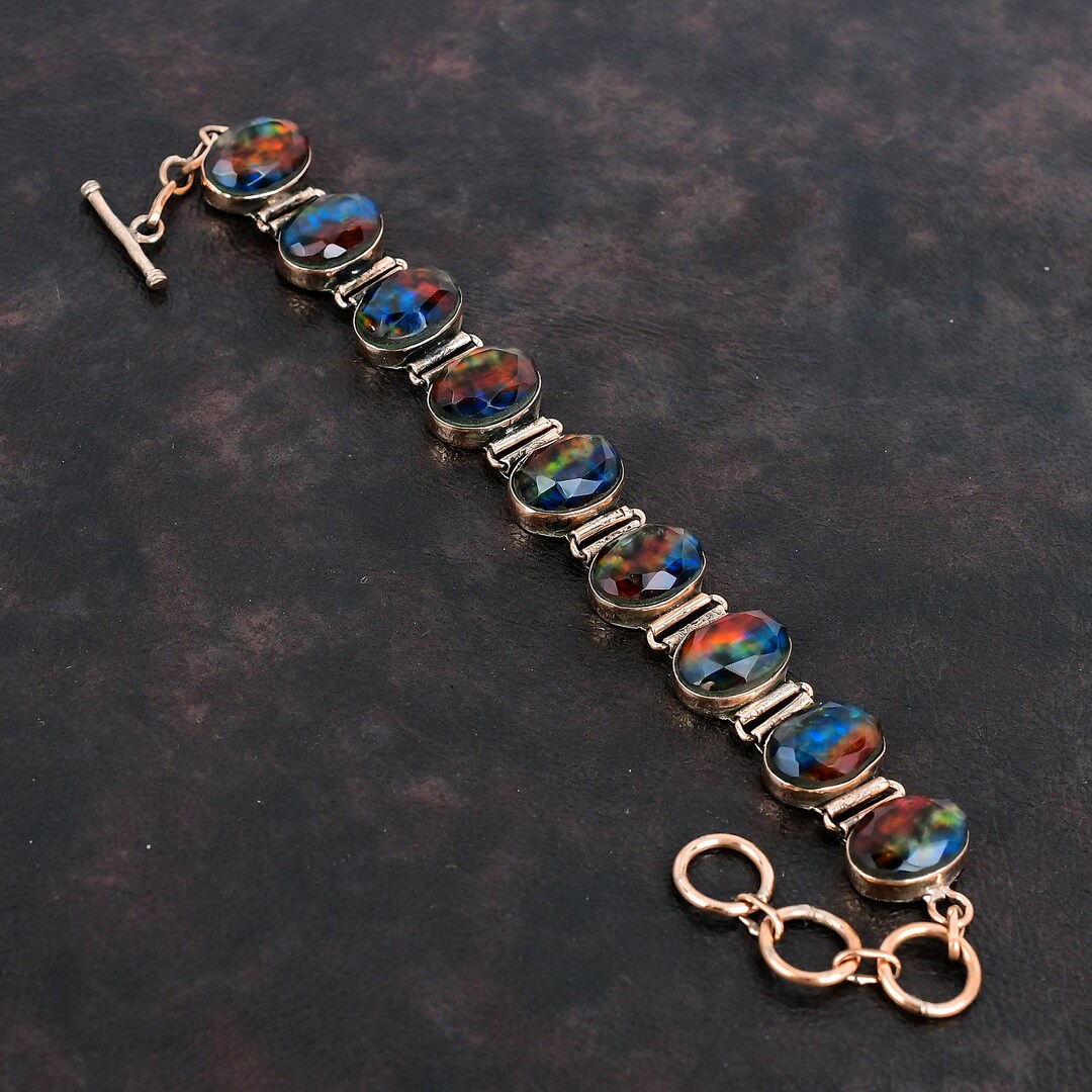 Faceted Ammolite Bracelet Copper Bracelet Gemstone Adjustable Chain ...
