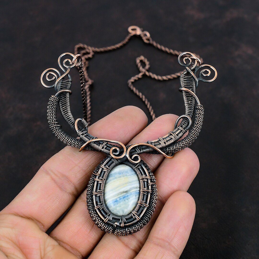 Blue Scheelite Necklace Copper Wire Wrapped Necklace Designer Necklace ...