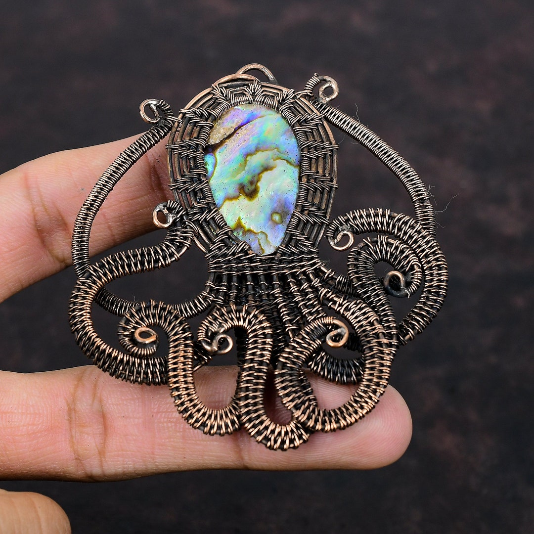 Abalone Shell Pendant Copper Wire Wrapped Octopus Pendant Gemstone ...
