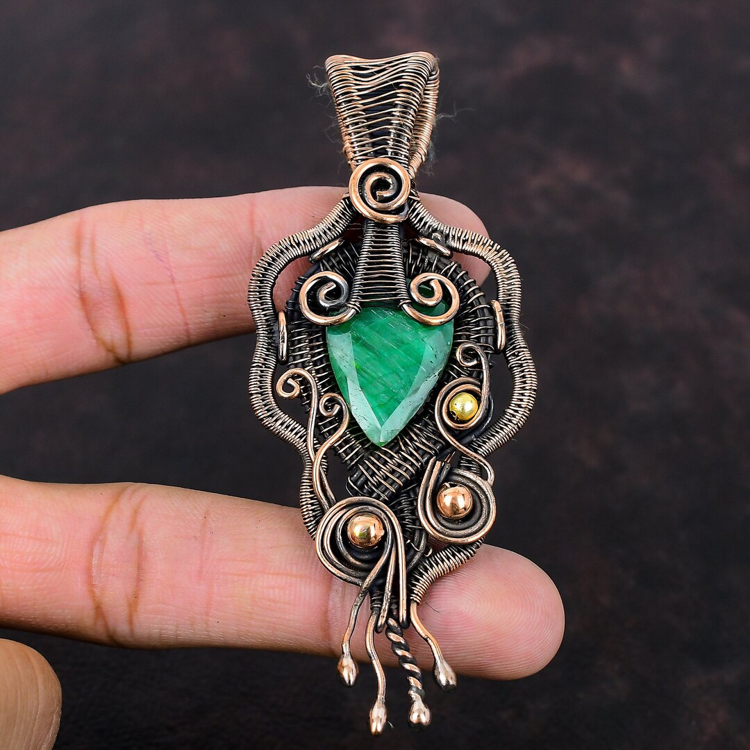 Faceted Zambian Emerald Pendant Copper Wire Wrapped Pendant Handmade ...
