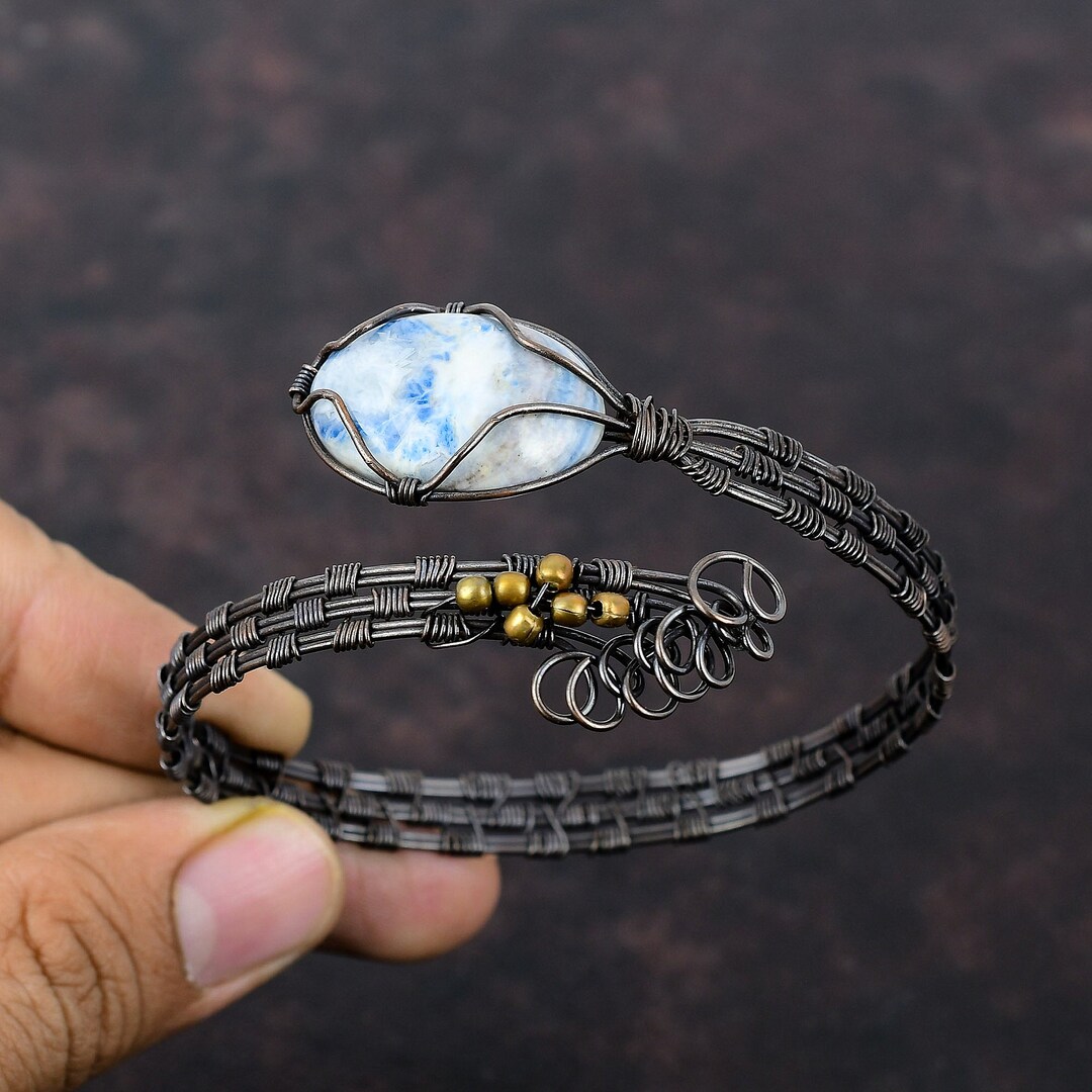 Blue Scheelite Bangle Copper Wire Wrapped Cuff Bracelet Gemstone Bangle ...