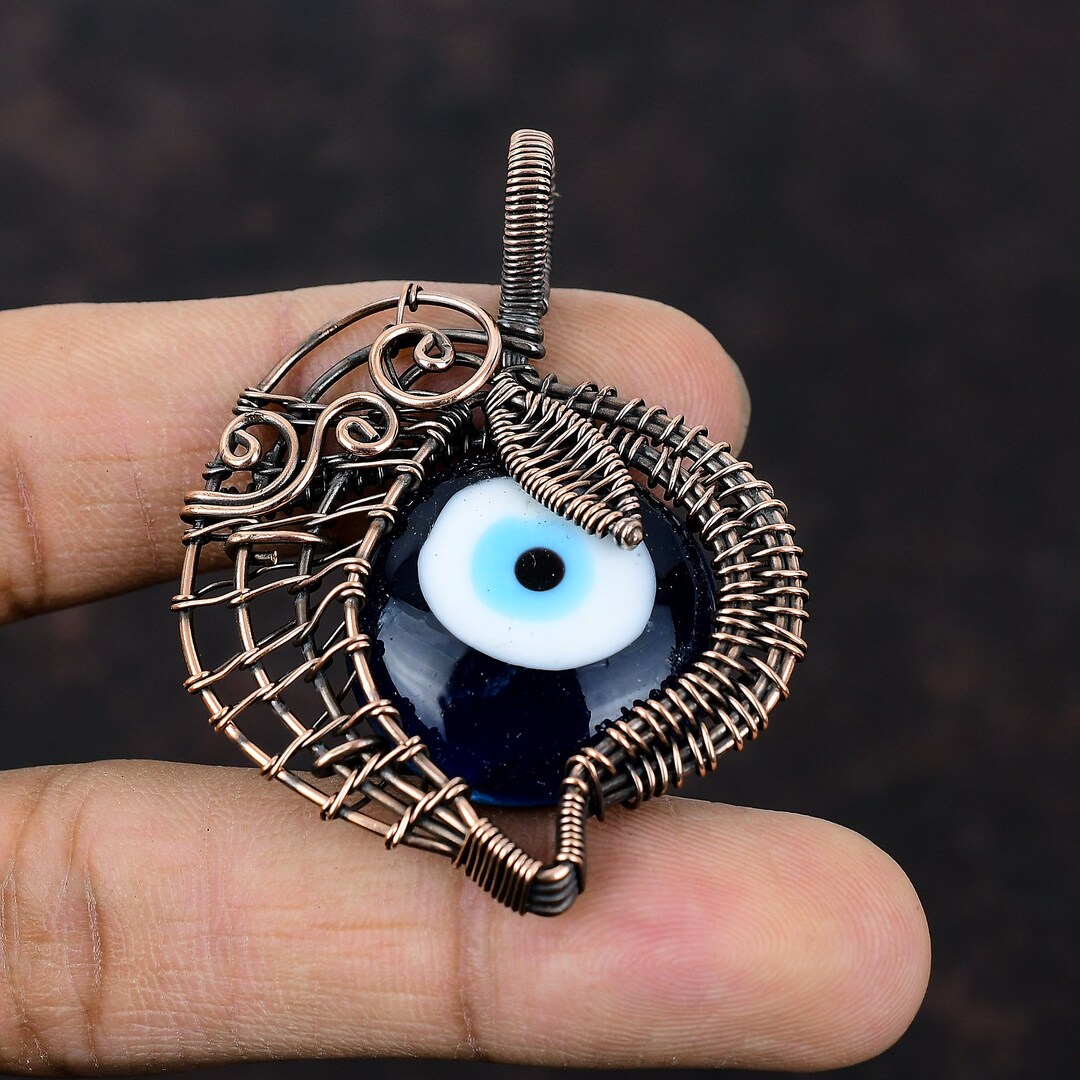 Blue Color Evil Eye Pendant Copper Wire Wrapped Gemstone Pendant Evil ...