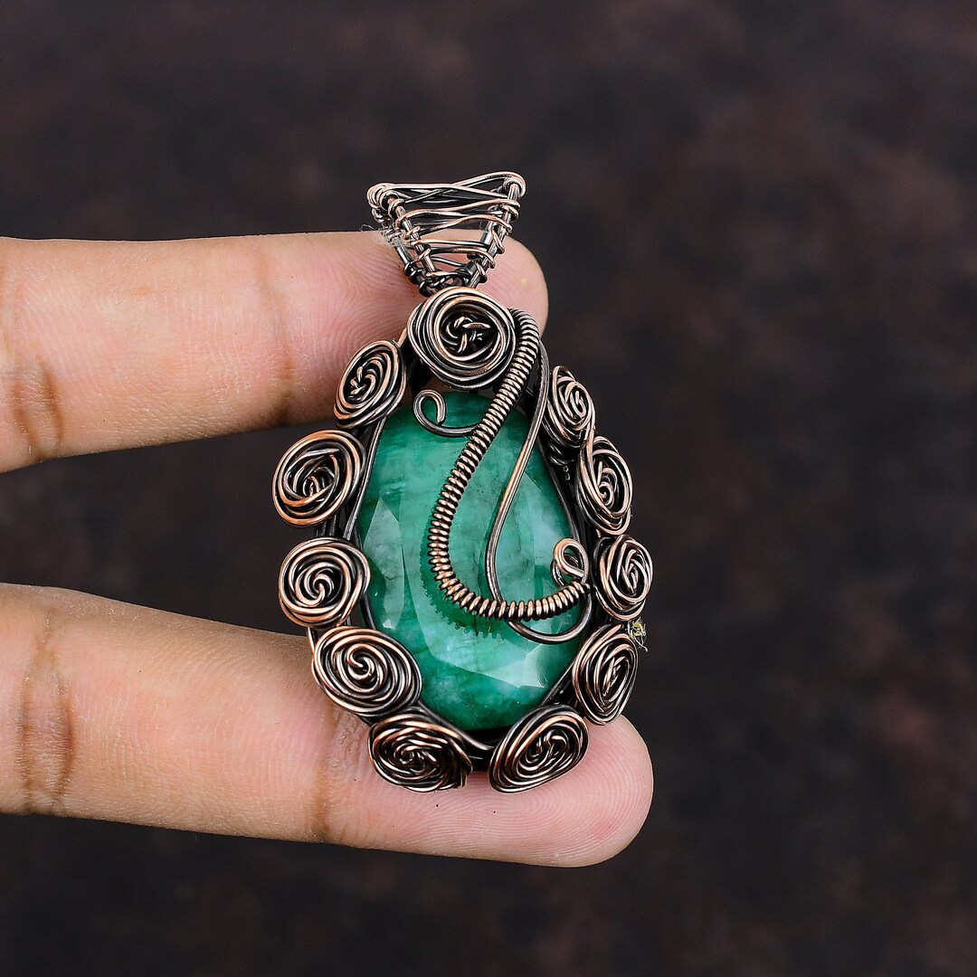 Faceted Zambian Emerald Pendant Copper Wire Wrapped Pendant Handmade ...