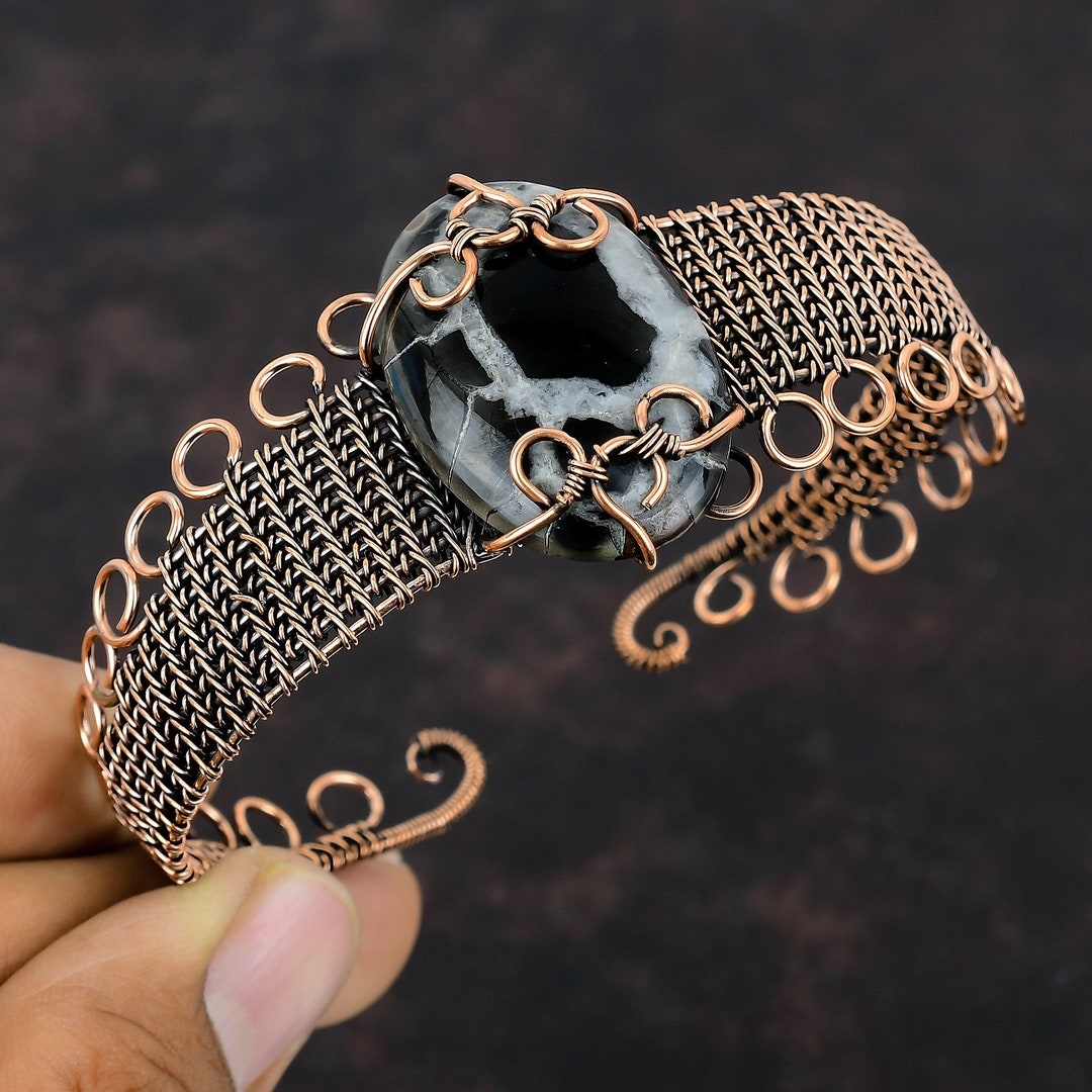 Moroccan Mud Crack Fossil Bangle Copper Wire Wrapped Gemstone Cuff ...