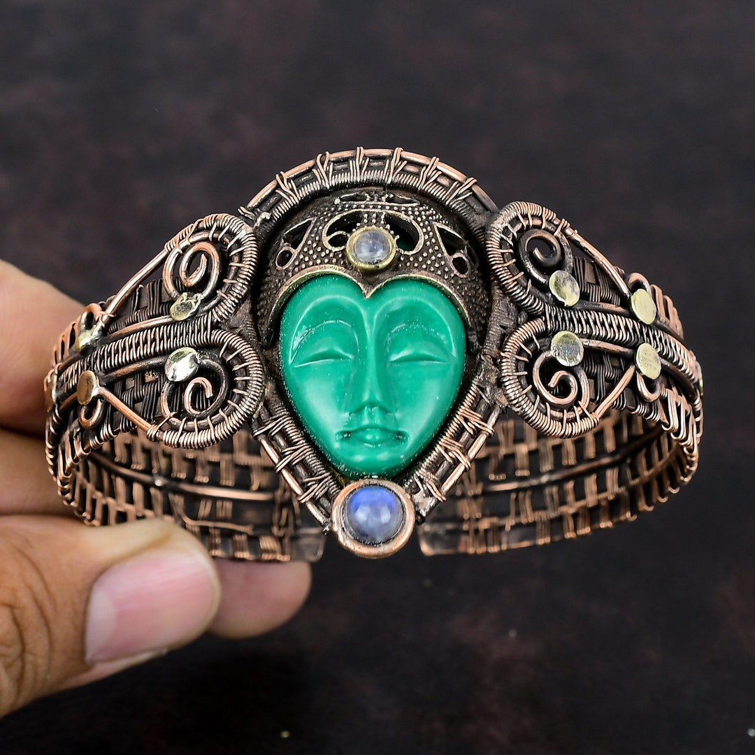 Green Carved Bone Face Bangle Copper Wire Wrapped Cuff Bracelet ...