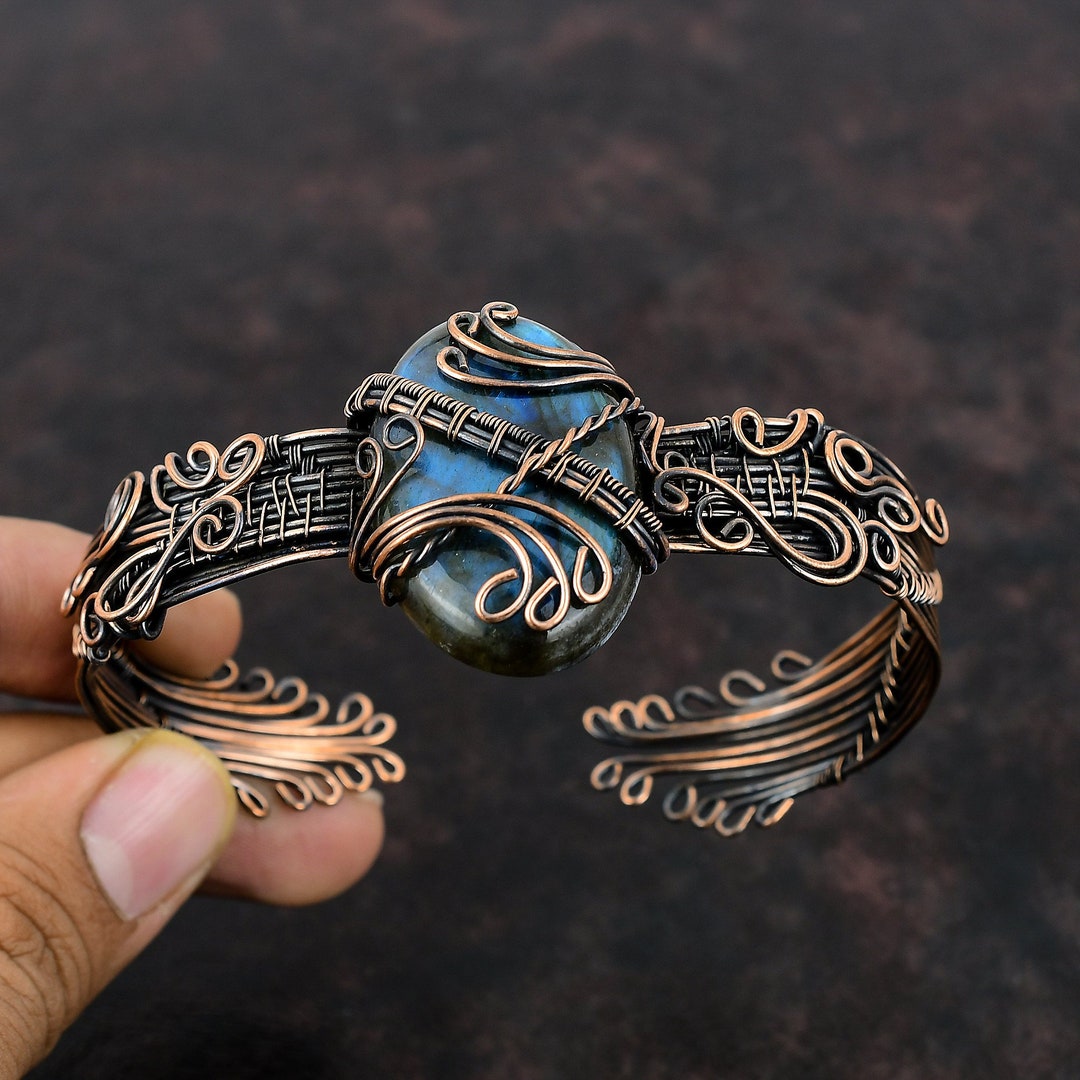 Labradorite Bangle Copper Wire Wrapped Cuff Bracelet Handmade Gemstone ...