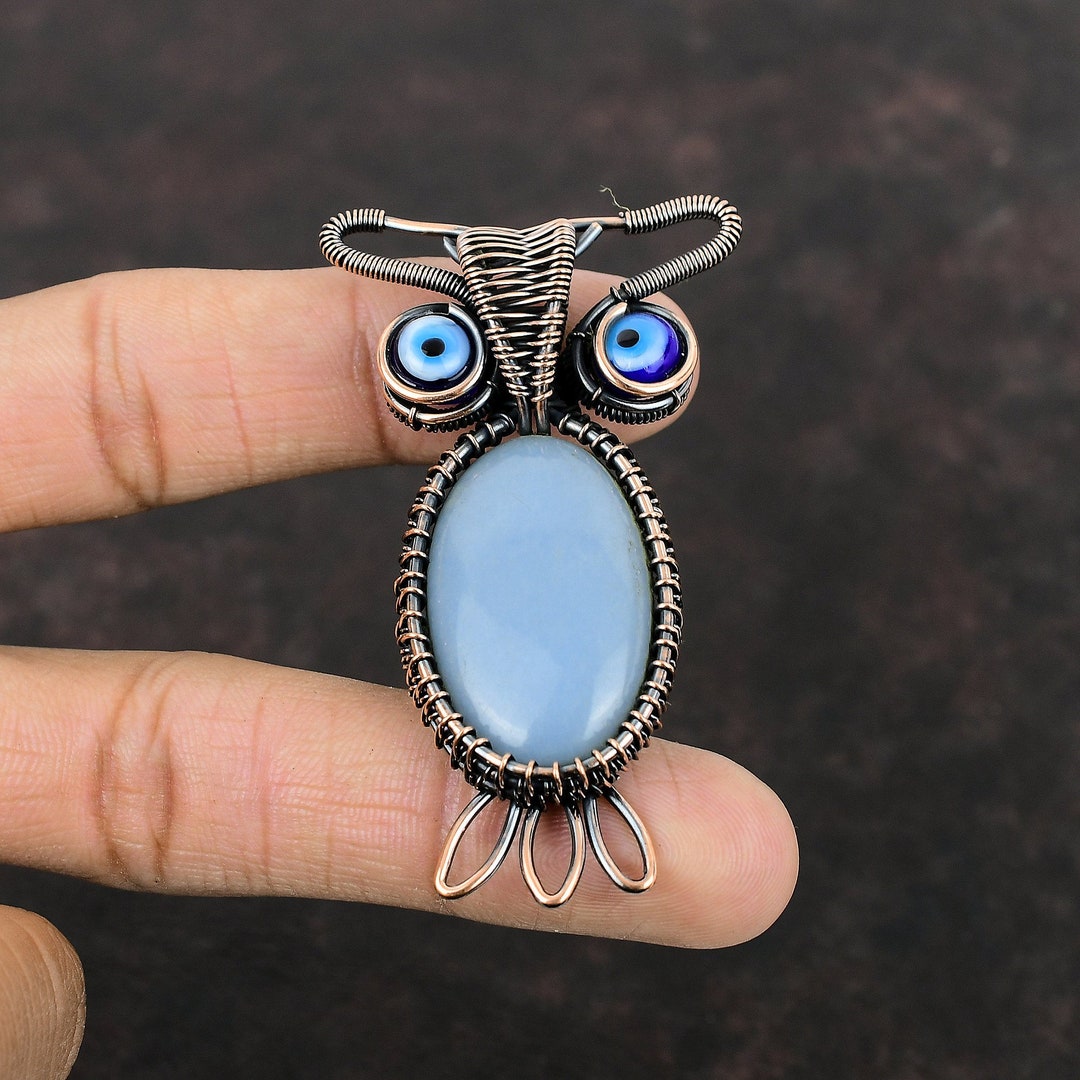Angelite Pendant Blue Color Evil Eye Pendant Copper Wire Wrapped ...