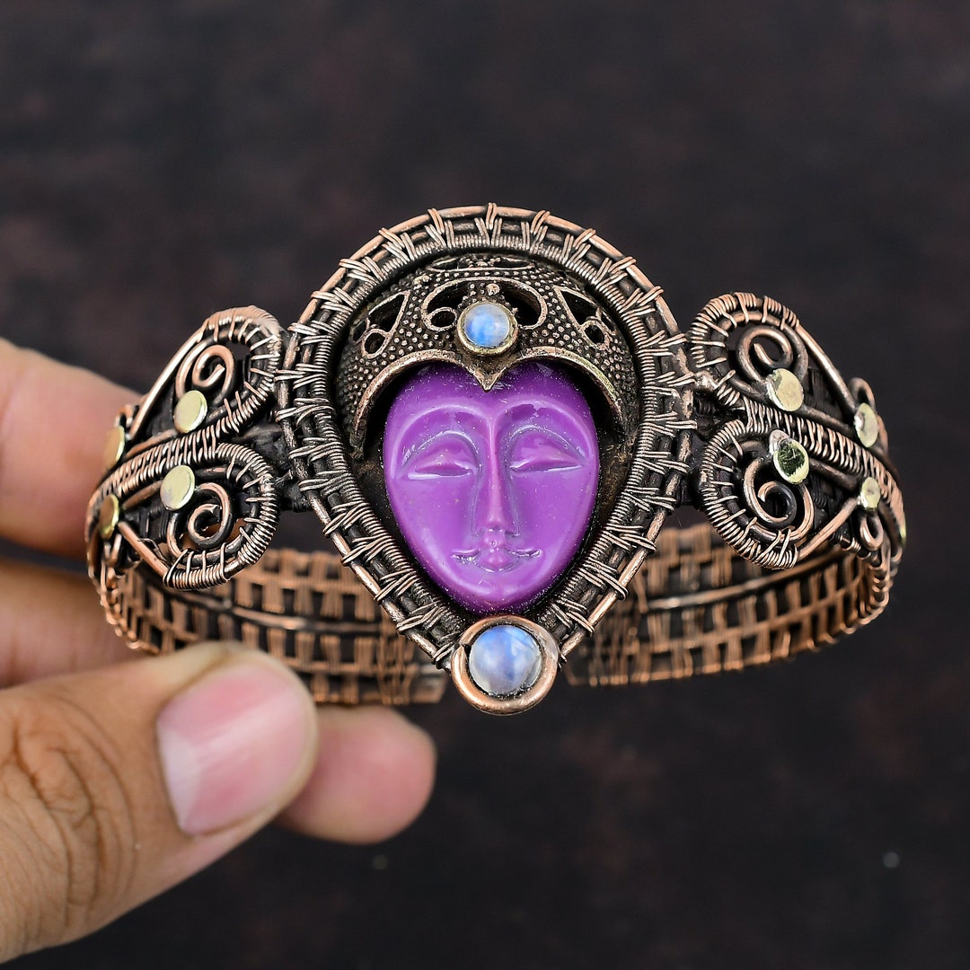 Purple Carved Bone Face Cuff Bracelet Copper Wire Wrapped Cuff Bracelet ...