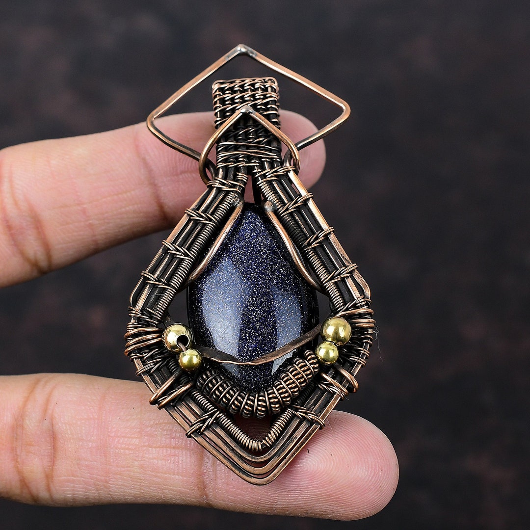 Blue Sunstone Pendant Copper Wire Wrapped Gemstone Pendant Handmade ...