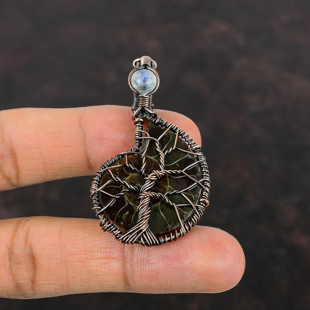 Tree of Life Ammonite Fossil Gemstone Pendant Copper Wire Wrapped ...