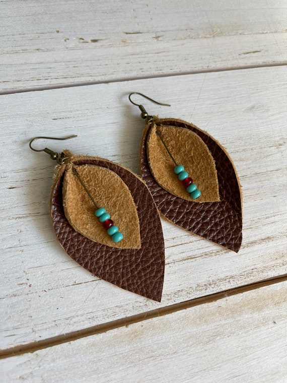 Hand cut genuine leather leaf drop earrings with beads