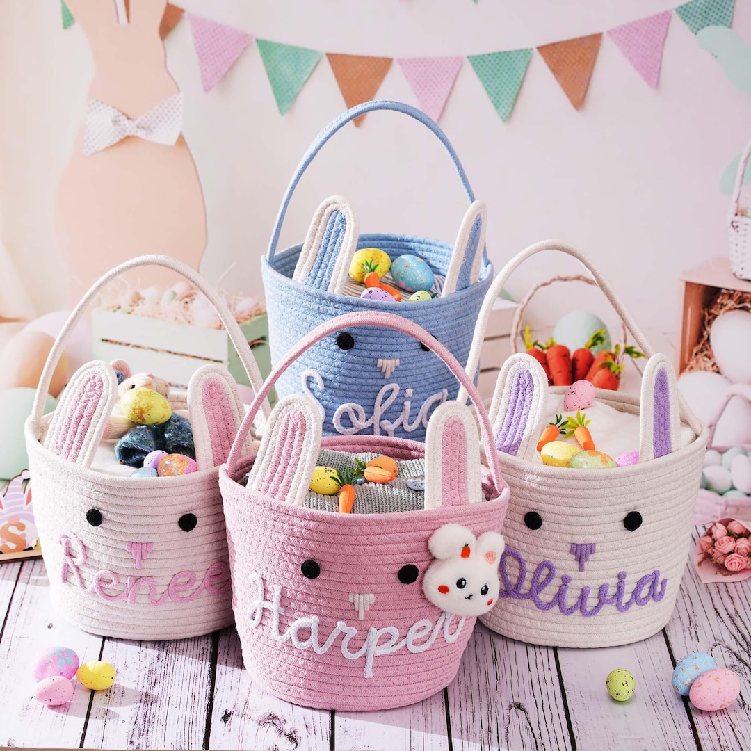 Personalized Easter Basket, Custom Egg Hunt Bucket, Bunny Cotton Rope ...