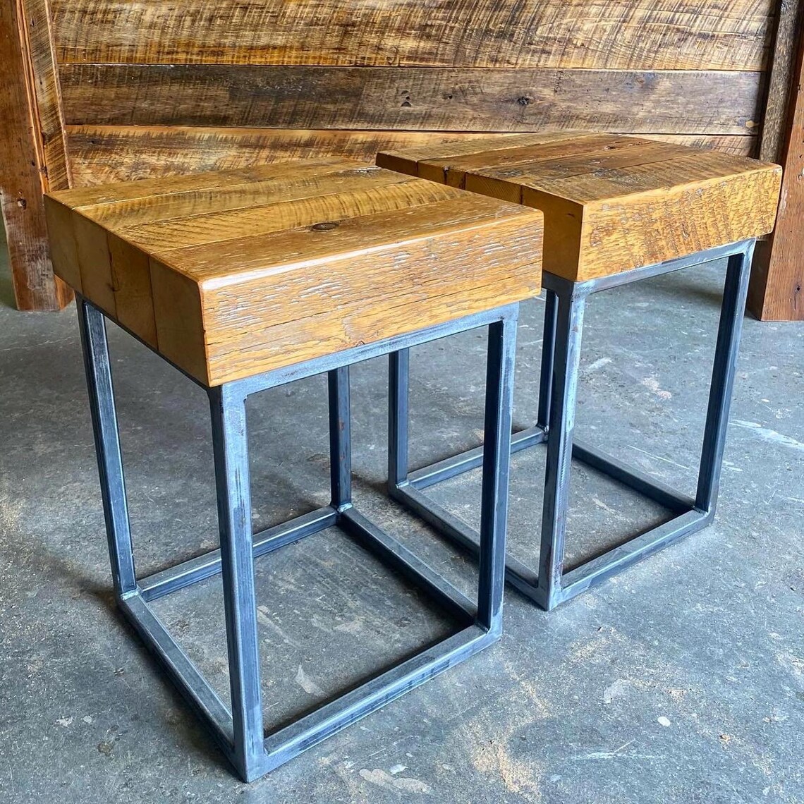 Set of 2 Rustic / Industrial Reclaimed Barn Wood + Steel Side Tables - Etsy