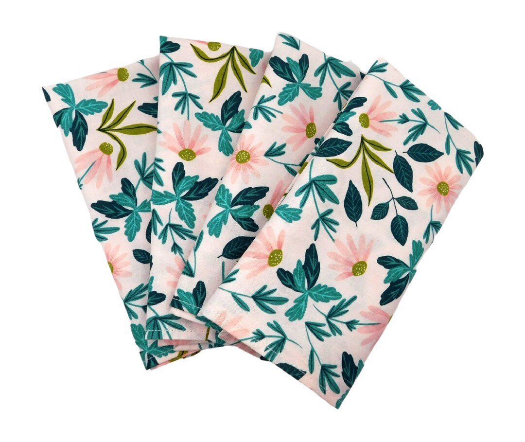 Cloth Napkins, Set of 4, 14X14, Cotton. Pink Flowers, Green Leaves on ...