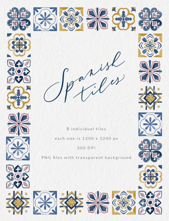 Watercolor Spanish Moroccan Tiles Mediterranean Tiles - Etsy