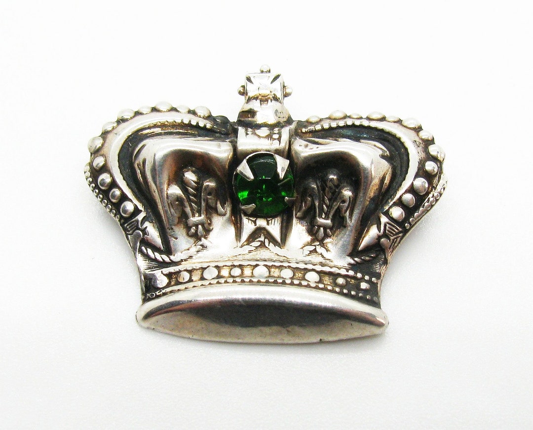 Highly Detailed Vintage Sterling Silver Crown Pin / Brooch With Emerald ...