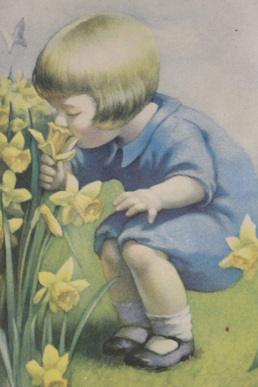 Darling Original Lithograph of a Young Girl With Daffodils - Etsy