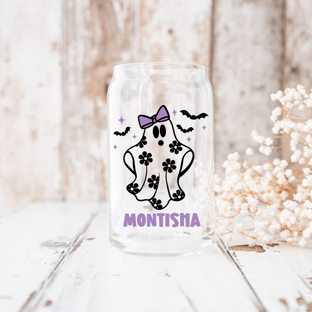 Personalized Ghost Glass With Flowers and Bats, Halloween Glasses ...