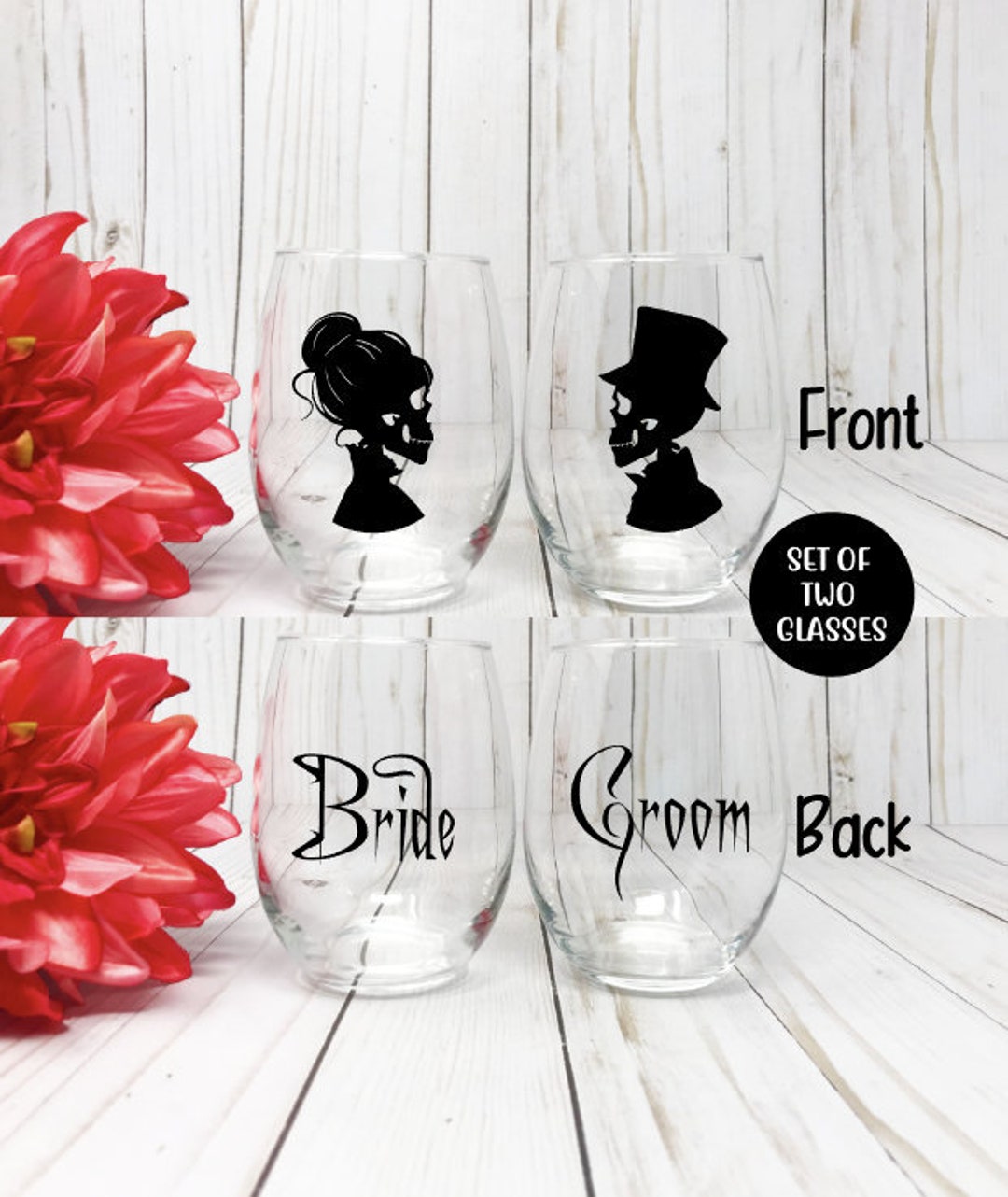 Skull Bride and Groom Stemless Wine Glasses, Gothic Wedding Gift, His ...