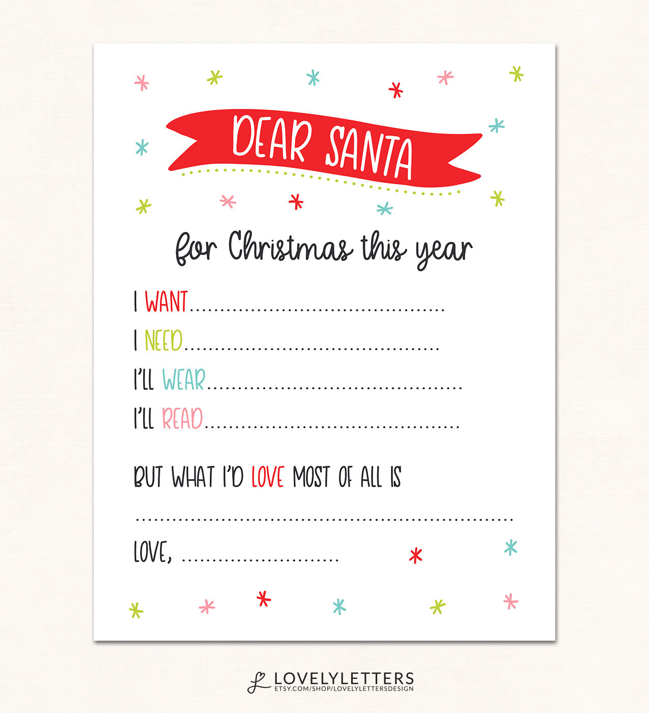 Dear Santa Printable / Dear Santa Print / DIGITAL / Dear Santa Letter ...