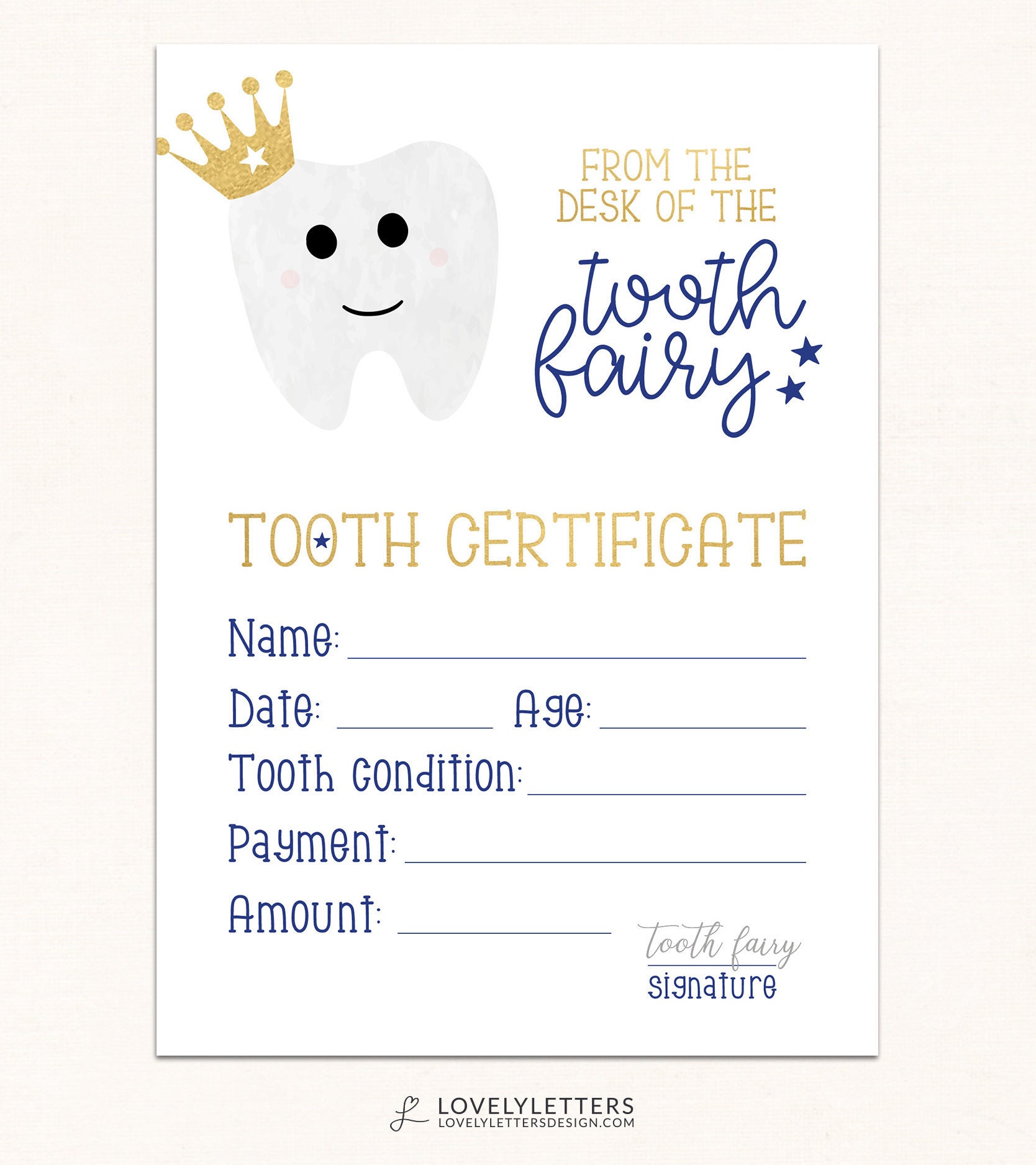 Tooth Fairy Receipt DIGITAL Tooth Fairy Certificate Boys Etsy
