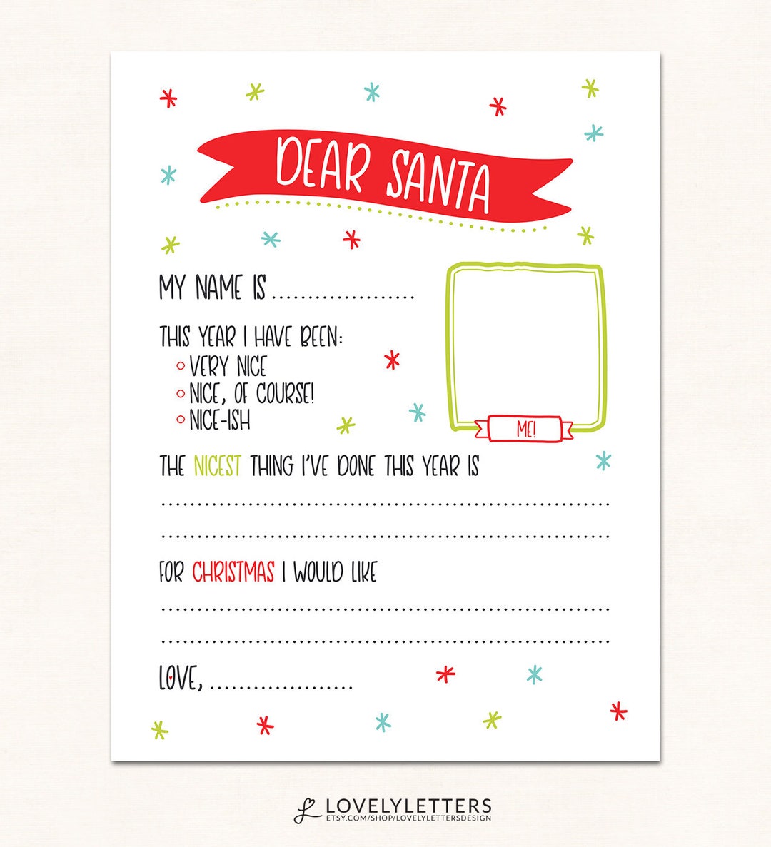 Dear Santa Letter Print / DIGITAL / Dear Santa Printable / - Etsy