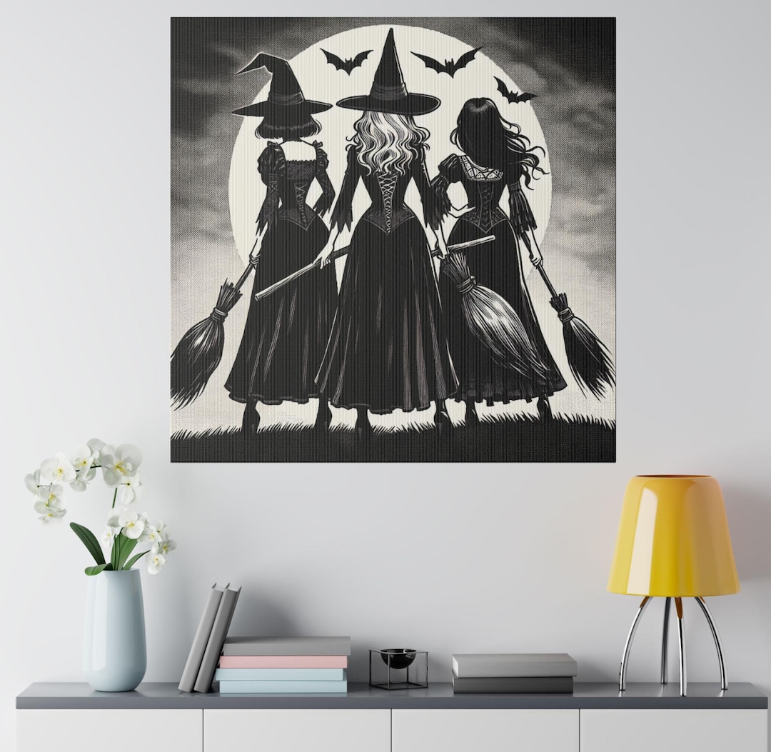 Three Witches With Brooms Under Full Moon Halloween Witch Decor Matte ...
