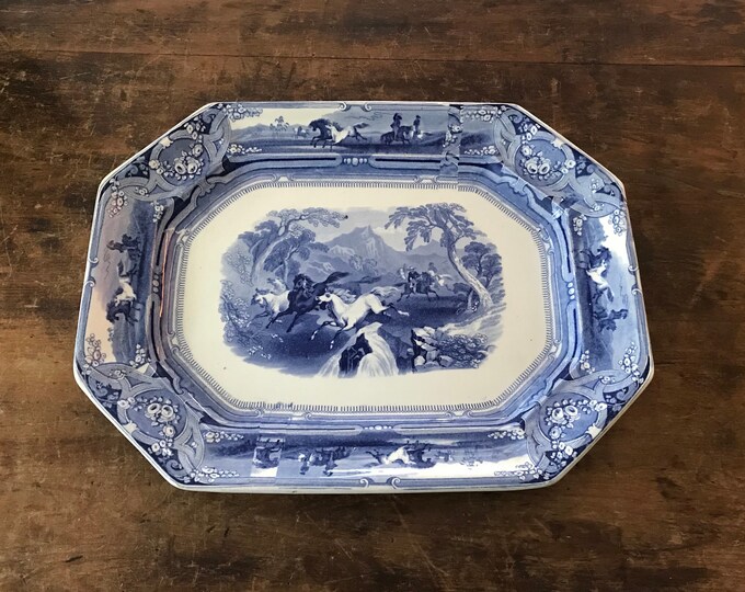 Blue and White Transfer Printed Octagonal Platter, Peruvian Horse Hunt ...