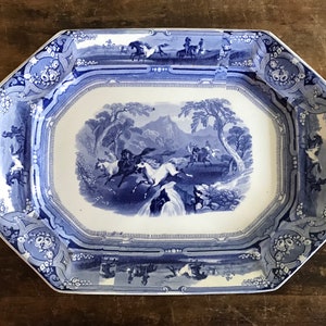 Blue and White Transfer Printed Octagonal Platter, Peruvian Horse Hunt ...