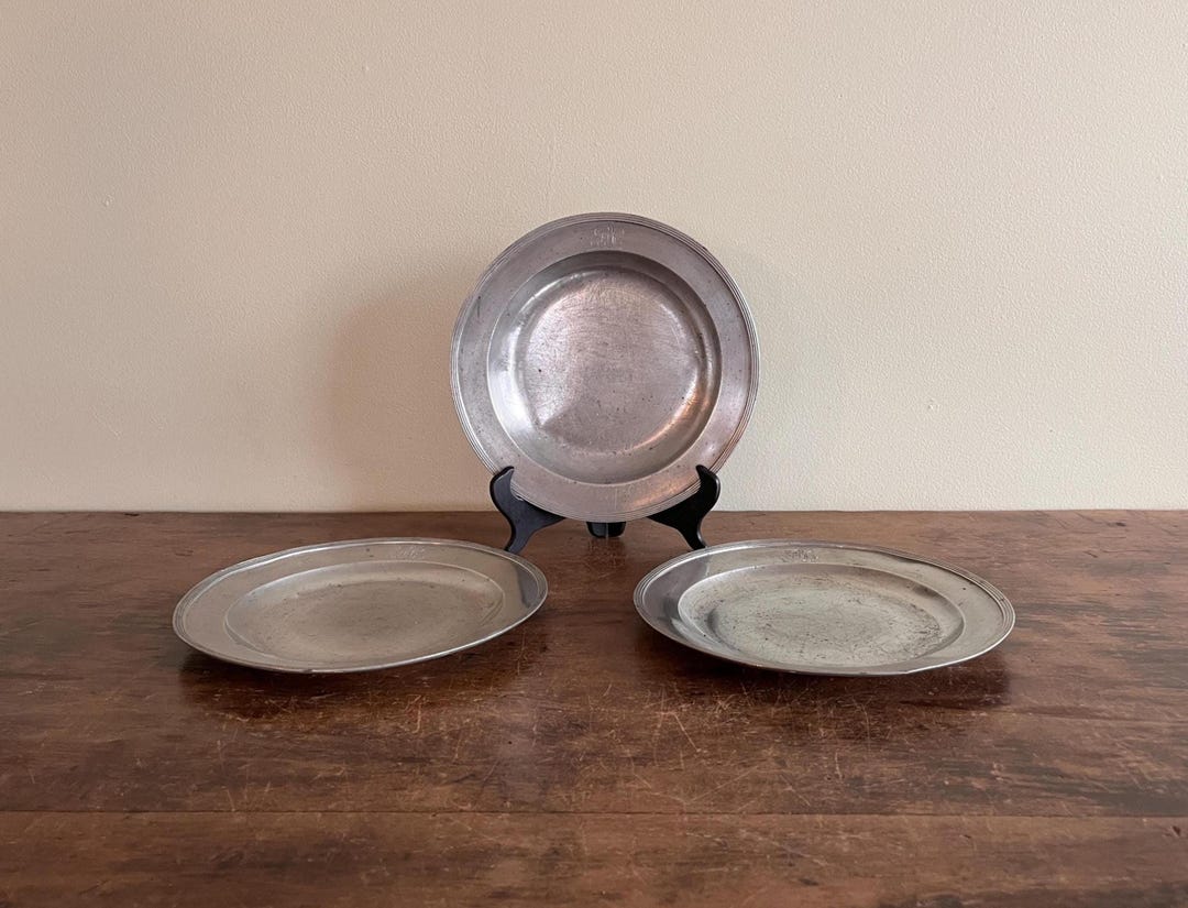 Three Reeded Rim Pewter Plates, JPC Monogram, Townsend and Compton ...