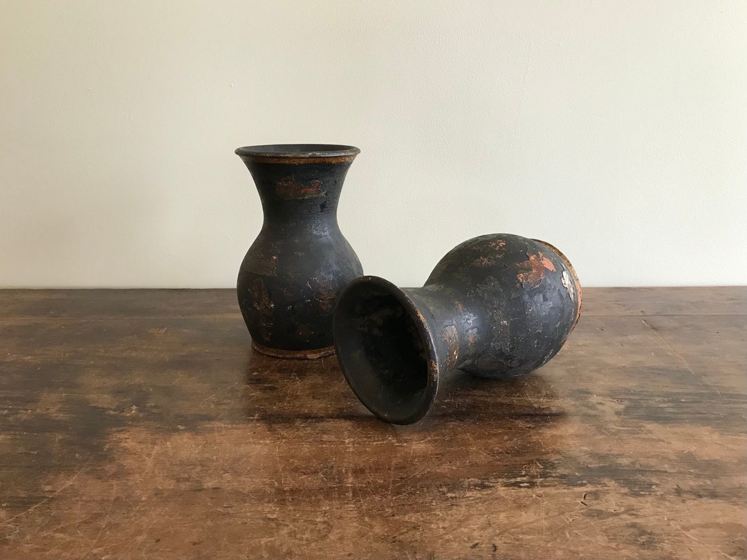 Pair Baluster Form Redware Garniture Vases With Decoupage Decoration ...