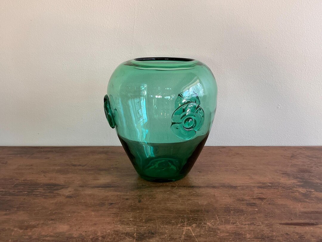 Green Art Glass Vase, Fee Blown With Applied Prunts and Rough Pontiled ...