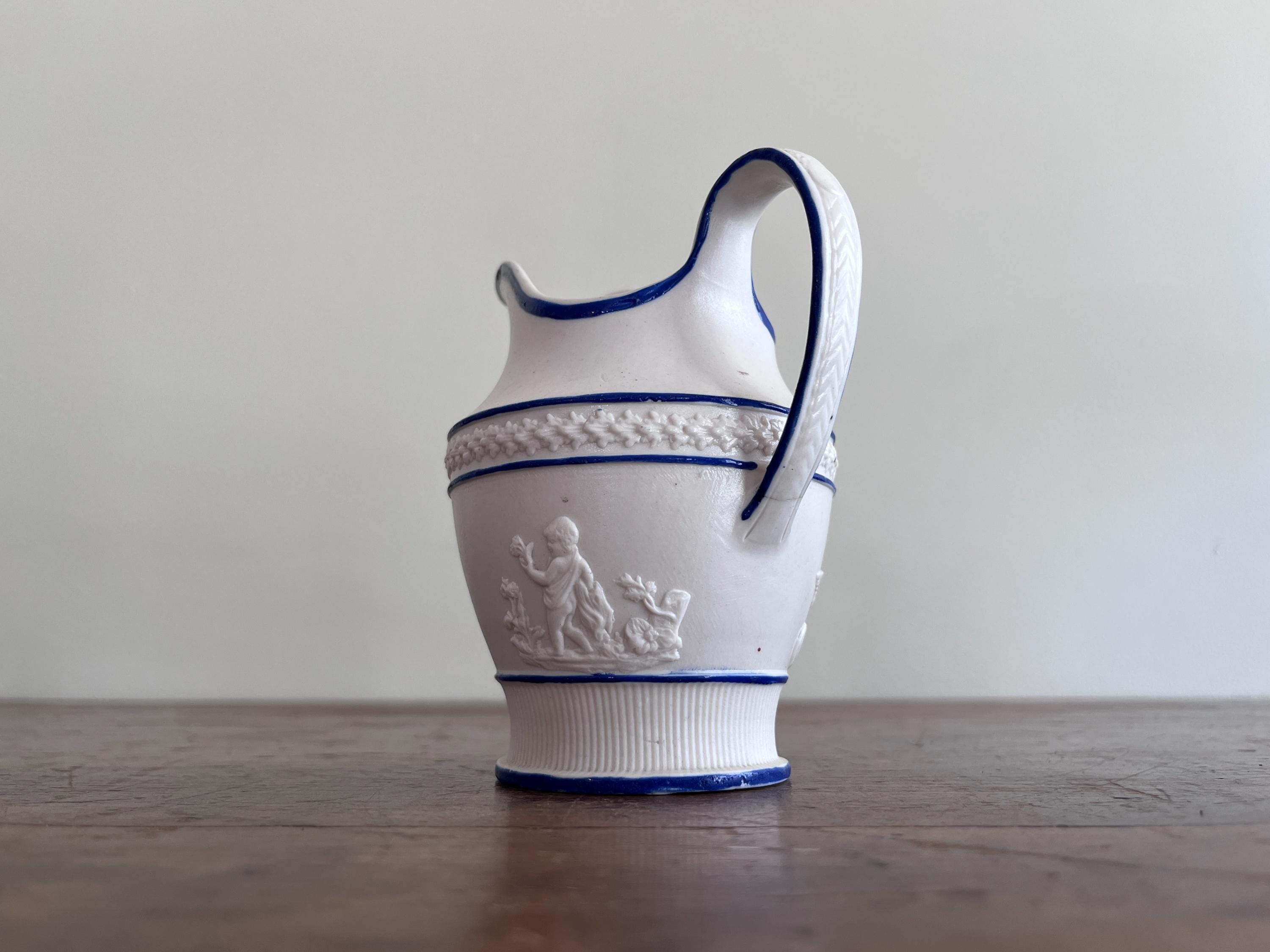 Castleford Type Felspathic Stoneware Cream Jug, Blue Enamel Striping ...